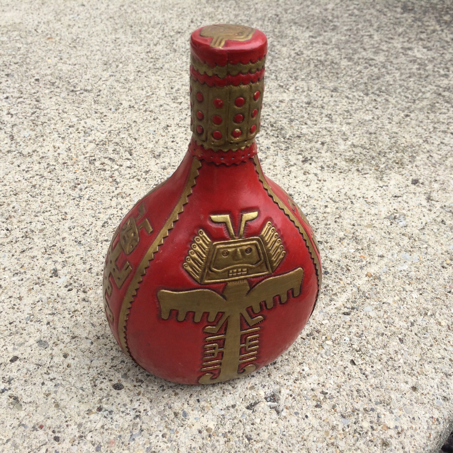 Vintage Leather Covered Canteen Flask or Liquor Decanter with Gold and ...