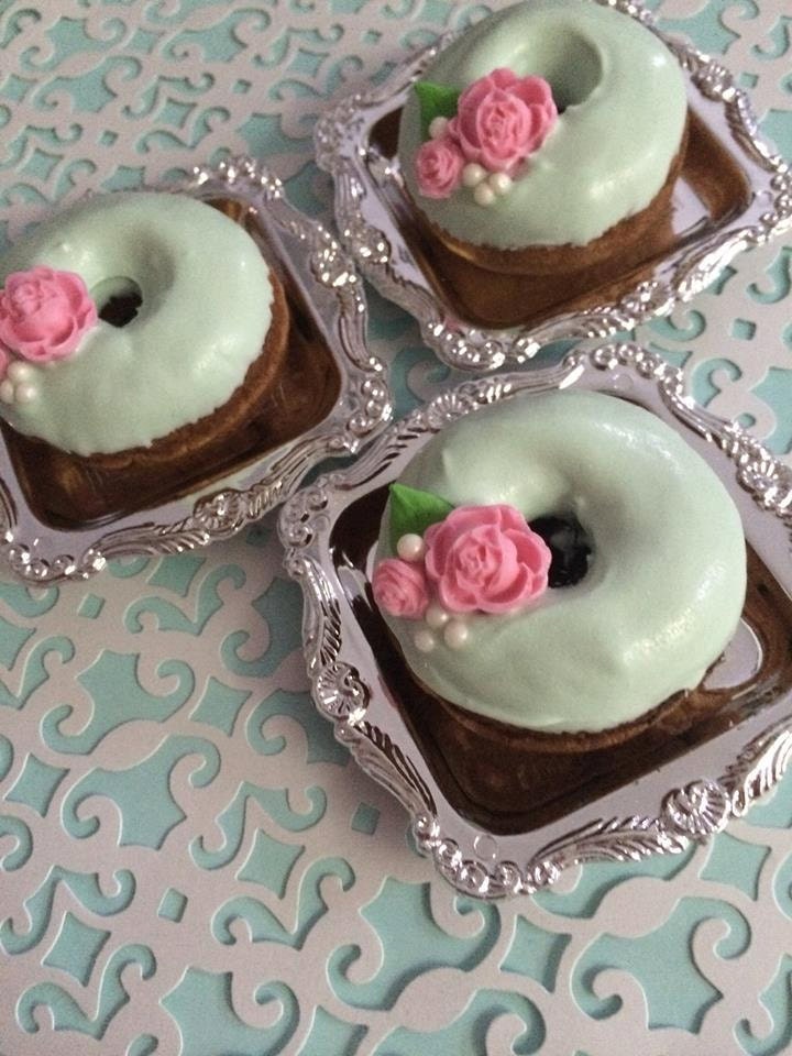12 Mint Green Mini Donuts Pink Roses Pearl Doughnuts Sweets