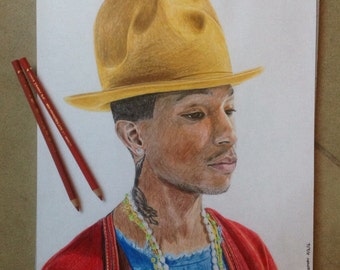 One off Coloured pencil drawing of Pharrell Williams, 11x14 size on ...