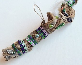 Spirit stick – 9” wrapped and embellished gnarly driftwood