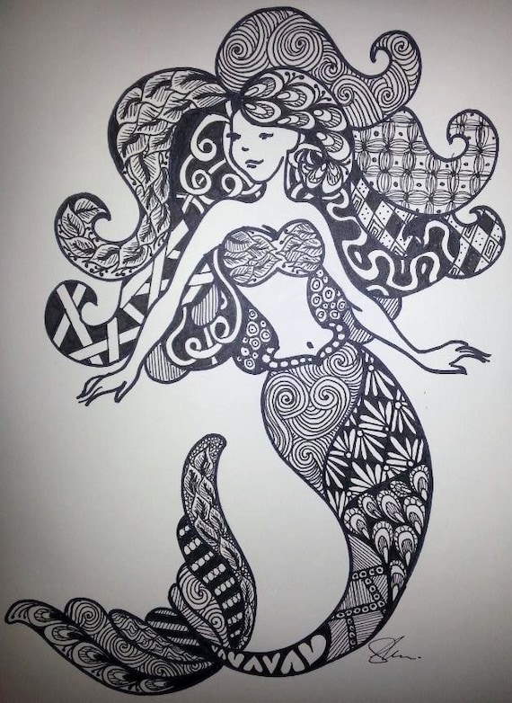 Items similar to Original Doodle Art Zentangle Mermaid Black Ink ONE ...