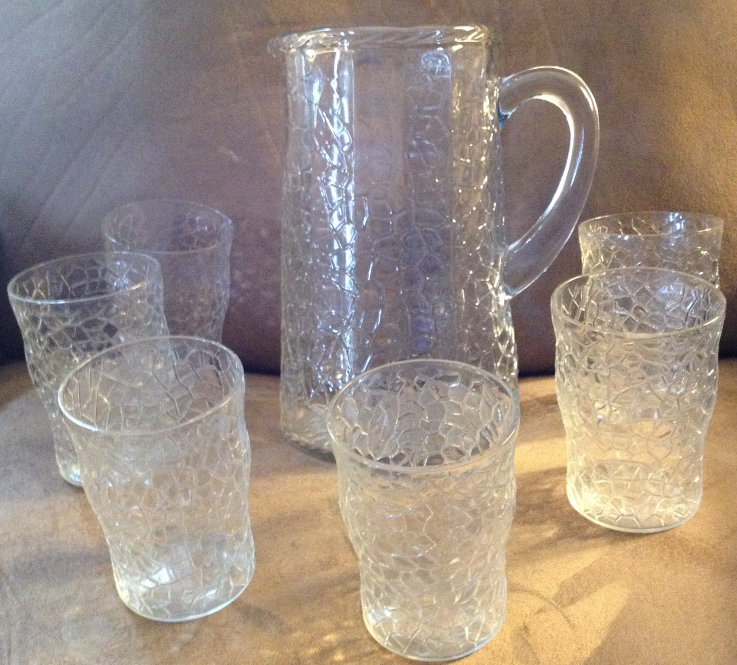 7 Piece Beverage Set Circa 1920’s Jack Frost Pattern Clear Crackle ...