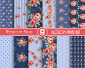 Items similar to Blue Navy Digital Paper Pack, Blue Floral Scrapbooking ...