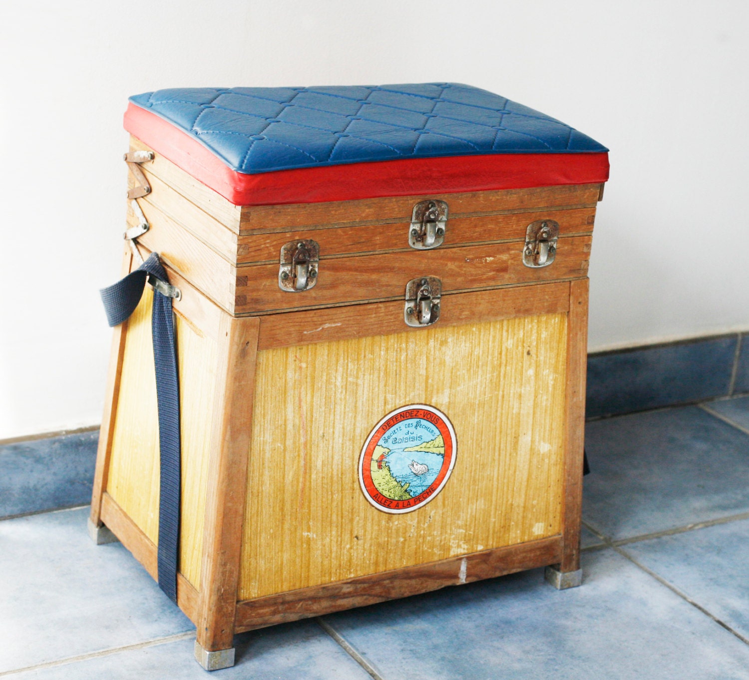 wooden fishing Stool Creel Vintage Storage Seat French home decor 1950s ...