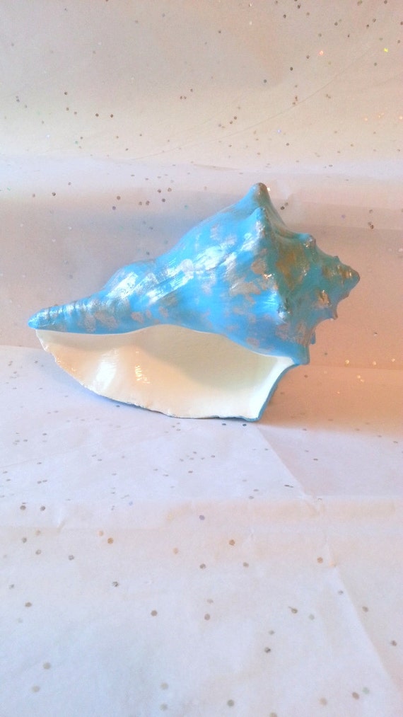 Blue white hand painted conch shell coastal home decor blue seashell ...