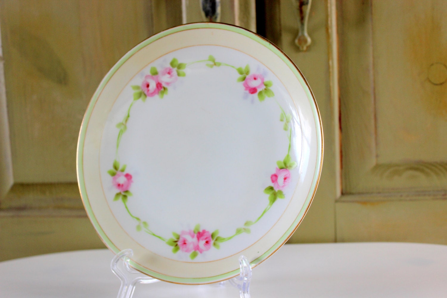 Vintage Hand Painted Nippon Plate Rising Sun Mark Lime Green Floral ...