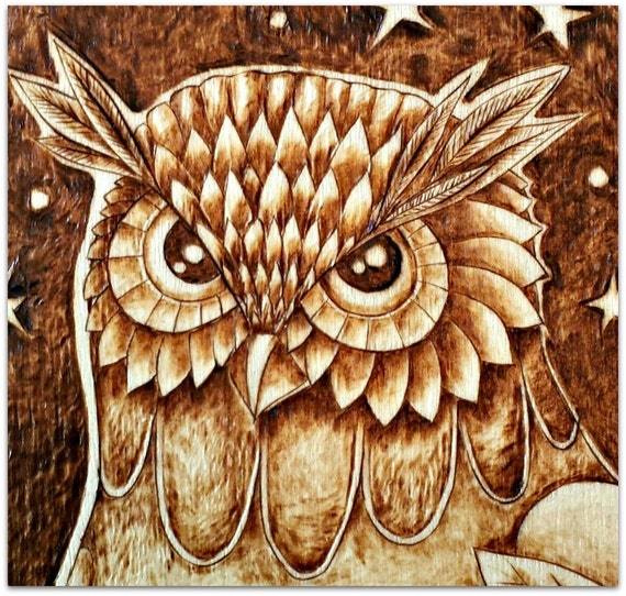 Items similar to Starry Owl - Original Pyrography Wood Burning Wall Art ...