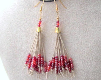 Beaded Hemp Earrings Long Seed Bead Tassel Earrings Handmade Jewellery