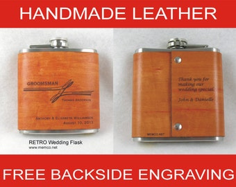 Flask with Family Crest Engraved in Leather 8 ounce FREE