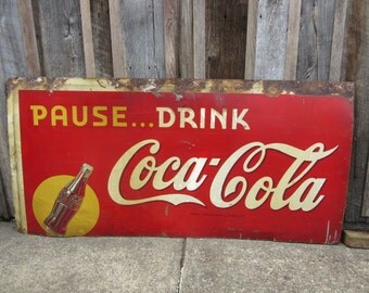 Huge Vintage Metal Sign Drink Coca Cola Coke Sign Red Yellow Vtg 1940s ...