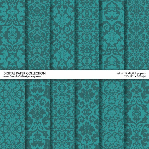 Digital Scrapbook Paper Teal Blue Damask by DraculaCatDesigns