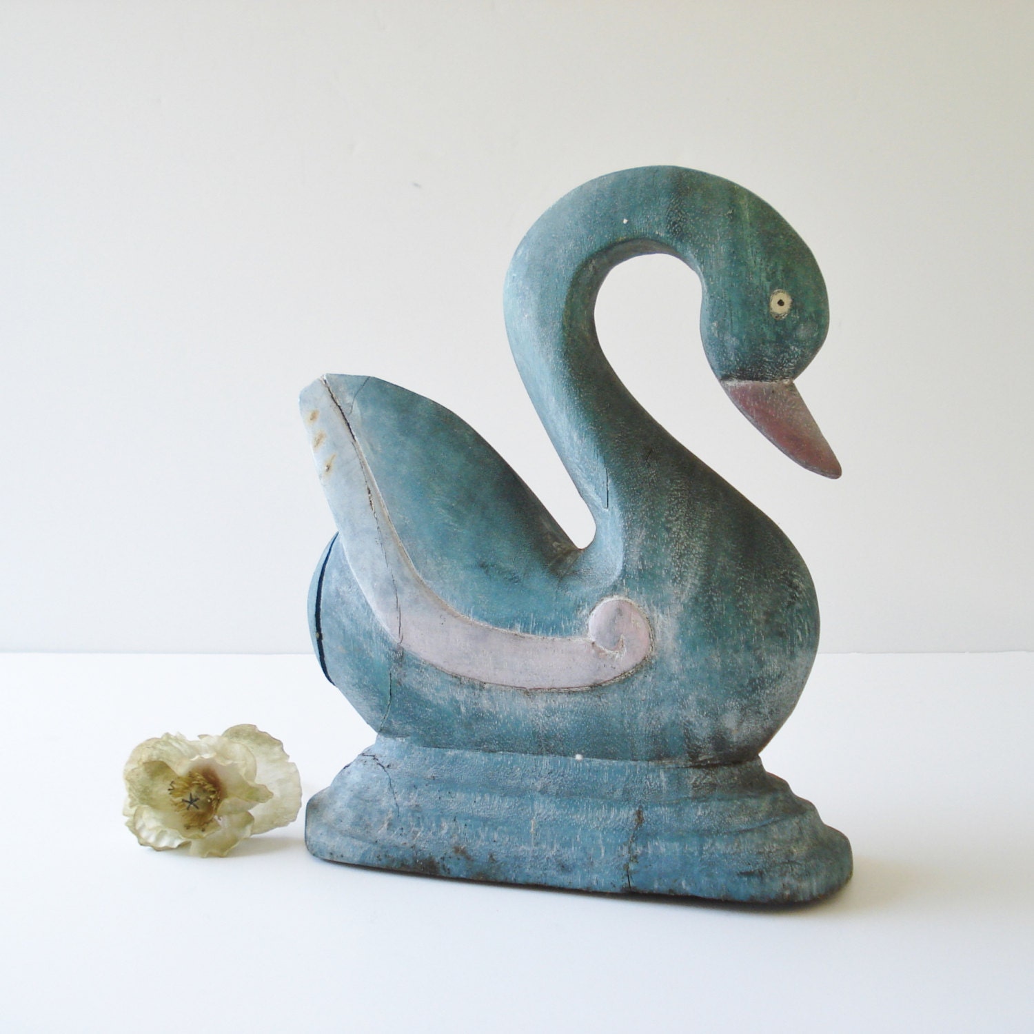 Vintage Folk Art Painted Swan Blue Wooden Swan Yard Art