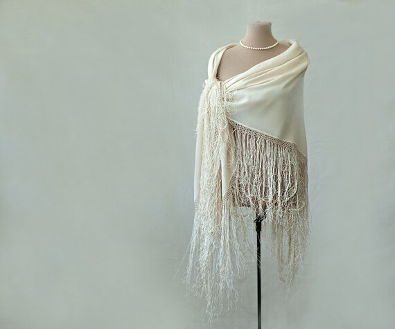 large silk fringed shawl cream silk shawl piano shawl silk