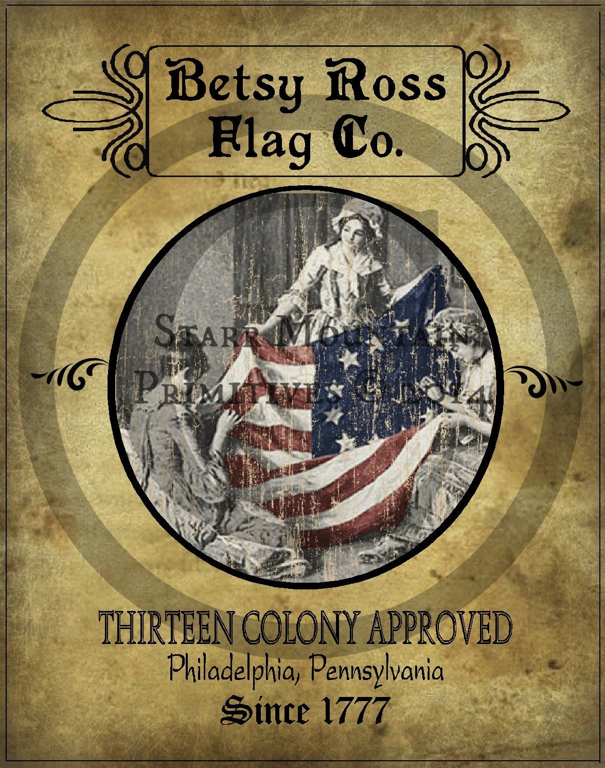 Primitive Patriotic Betsy Ross Flag Digital Printable Feedsack