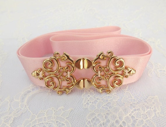 Light pink elastic waist belt. Gold filigree buckle. Bridal ...