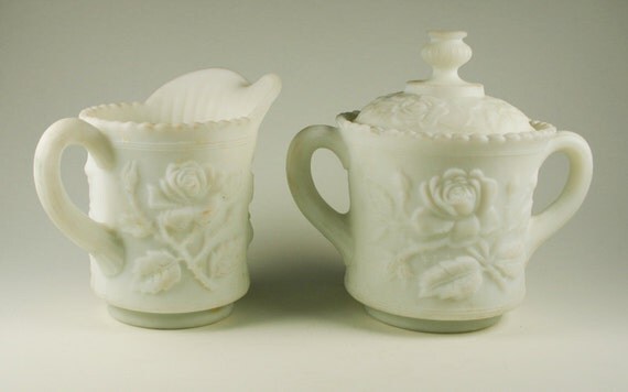 Imperial Glass Genuine Milk Glass Rose Pattern Scalloped