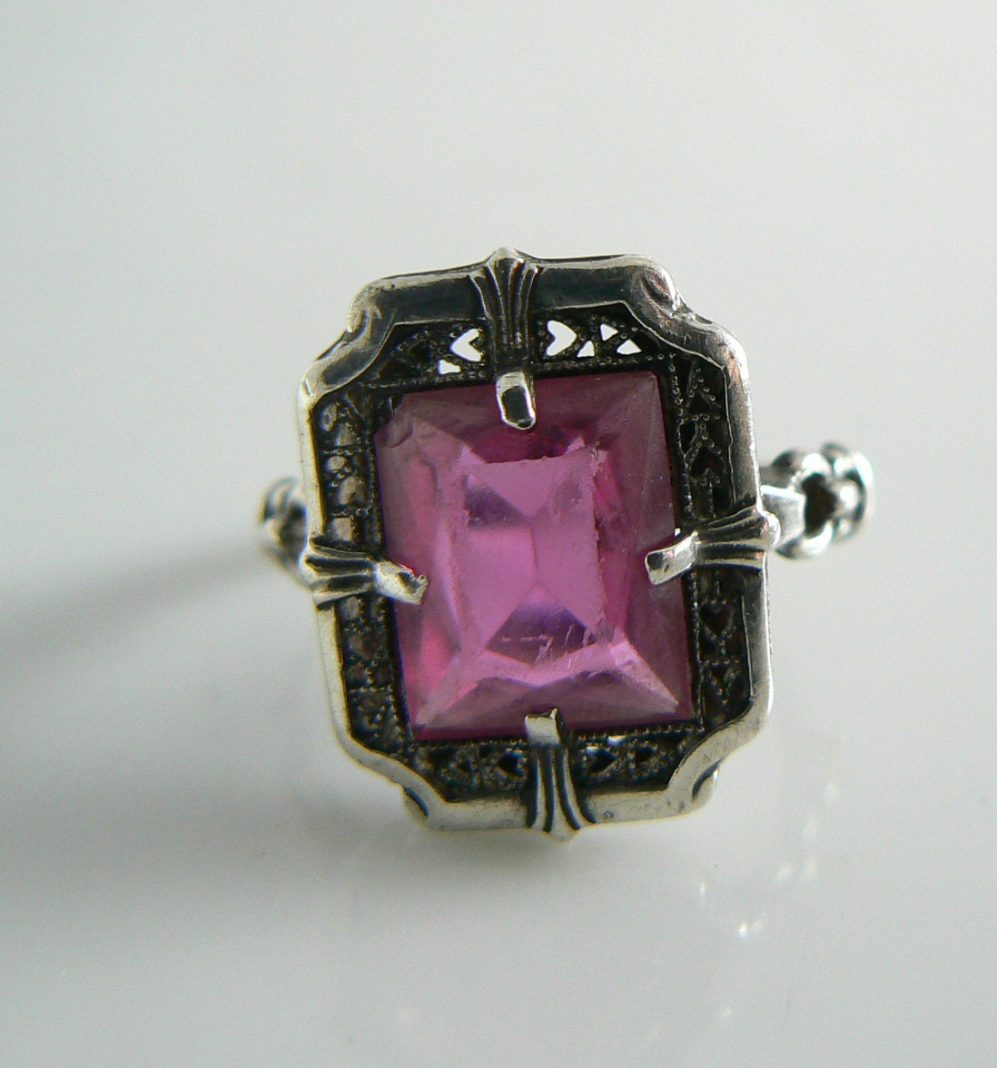 Vintage art deco era sterling silver filigree and pink paste shoe ring ...