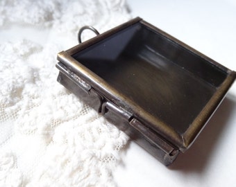 1 Set of 2 Bronze Square Glass Shadow Box Locket Vintage Style Brass ...