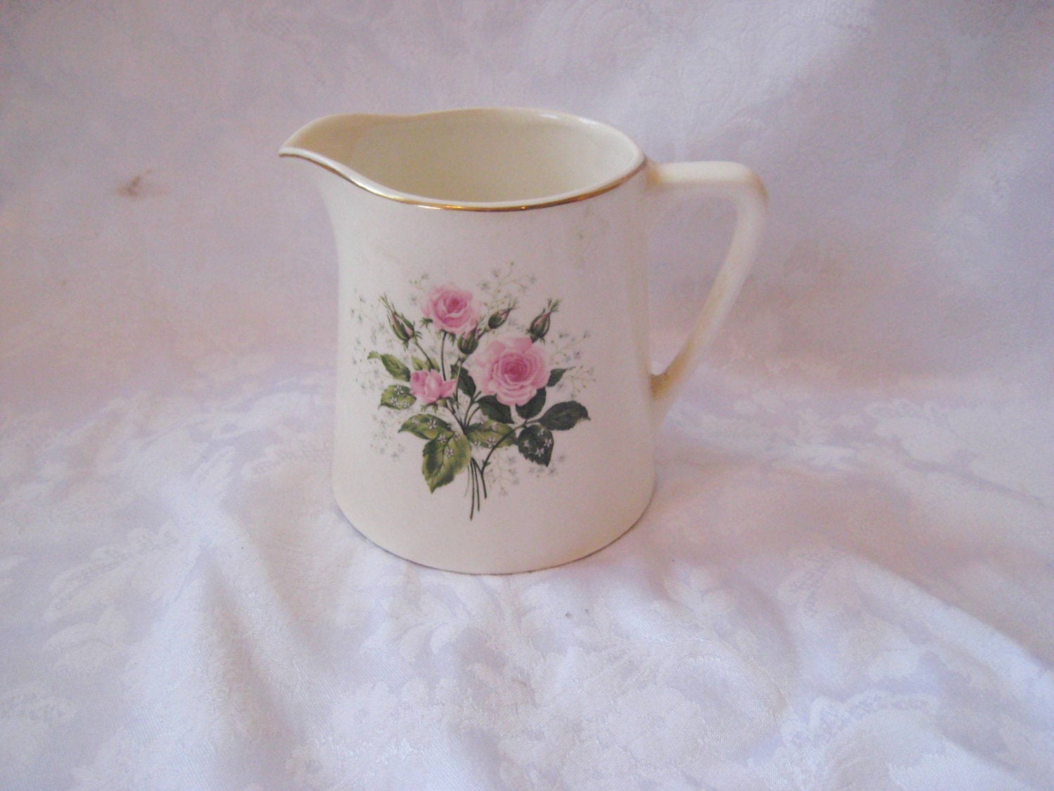 Vintage cream colored pitcher with pink roses, floral, gold trim, quart ...