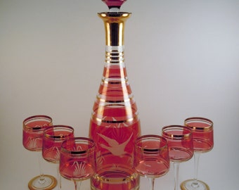 Bohemian Cut Glass Decanter Etched Ruby glass Decanter with Flying Duck