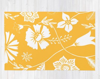 Botanical Flowers Area Rug, Yellow Floor Rug Kitchen 2.5x4, Modern Rug ...