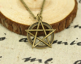 Bronze pentagram necklace, star necklace,,black wax rope necklace,gift ...
