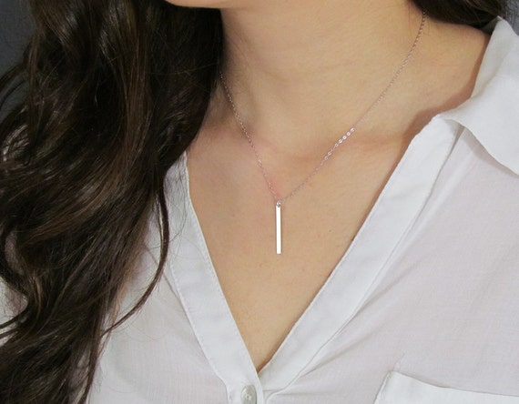 14KT SOLID GOLD Small Vertical Bar Necklace Dangling Polished