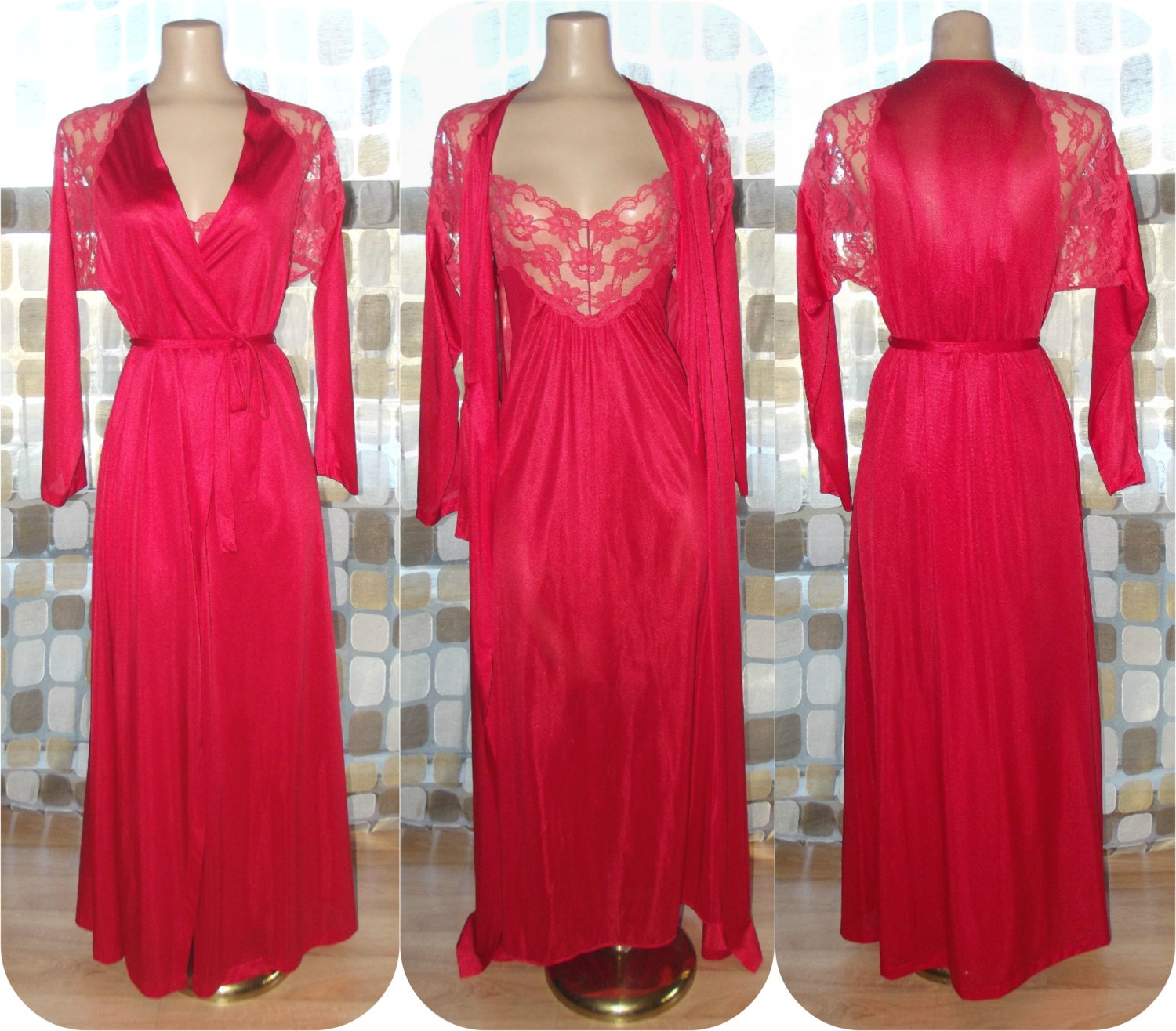 Vintage 70s SEXY Red Peignoir Nightgown & Robe Set Kayser
