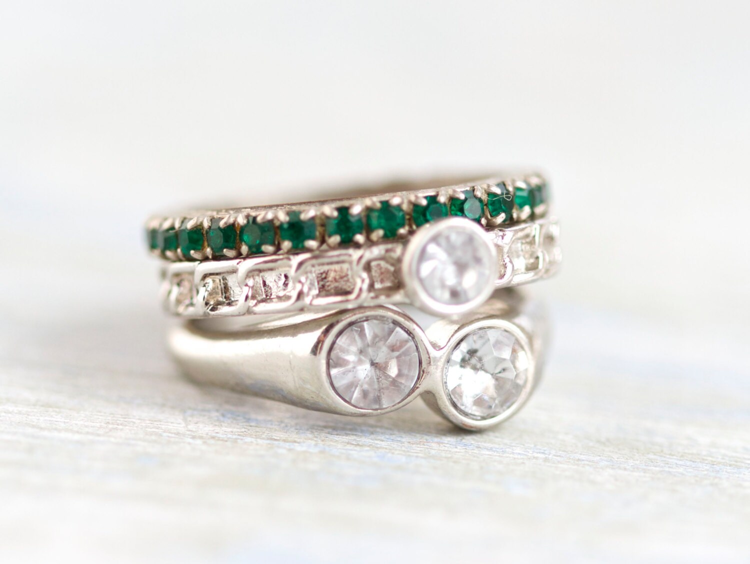 Stacking Rings in Green – set of 3 Stackable Rings with Rhinestones ...