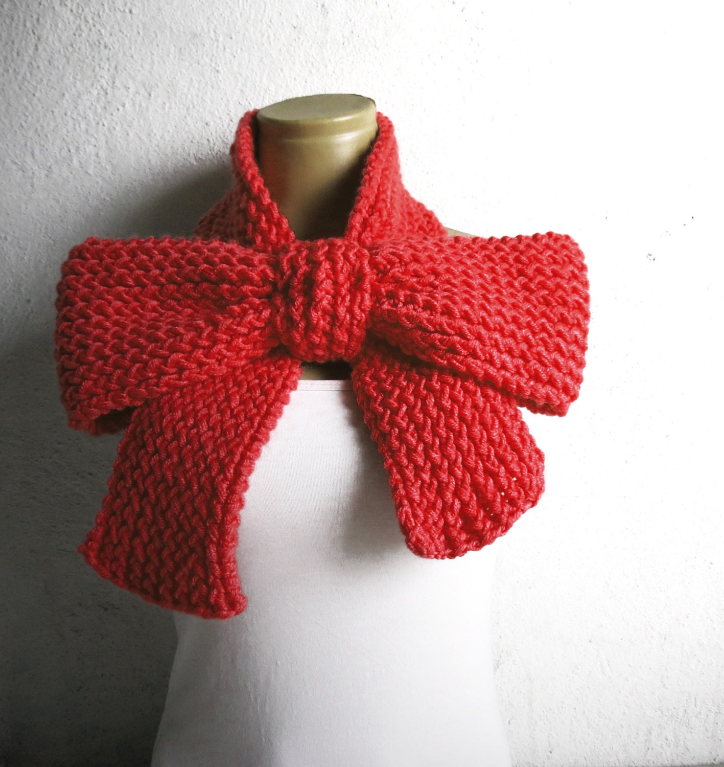 Knitted Bow Scarf Chunky Knitted Bow Ascot Neck by EmofoFashion