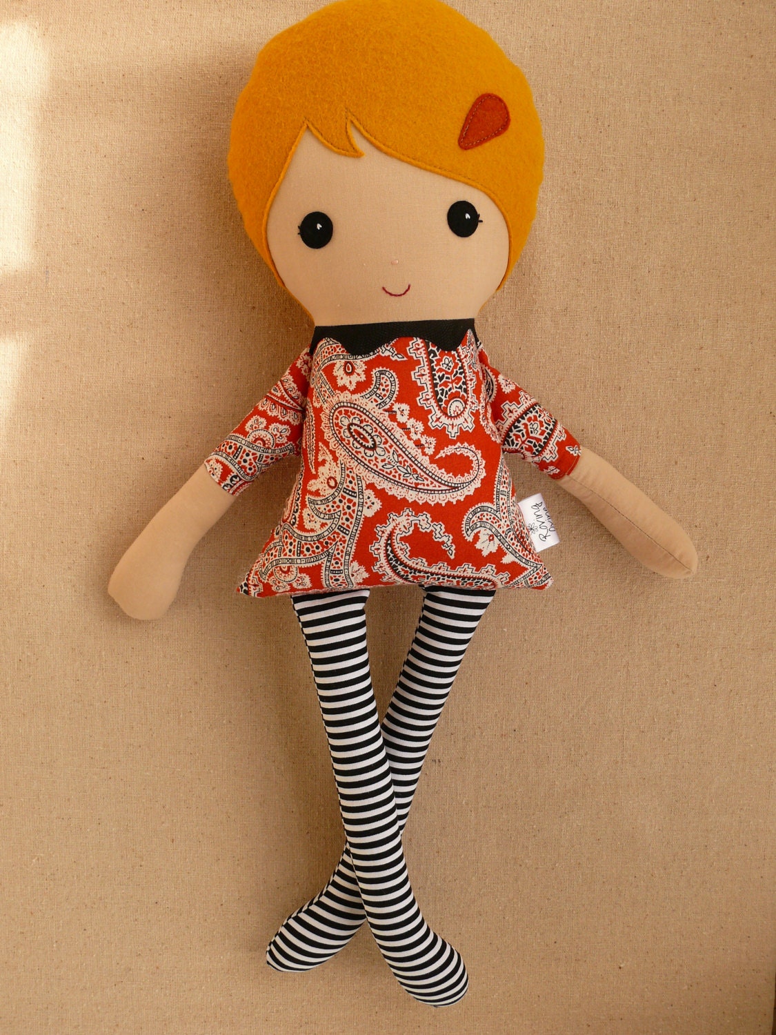Fabric Doll Rag Doll Blond Haired Girl In Orange By Rovingovine