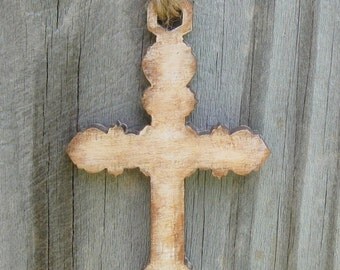 Rustic Wood Cross Ornament, "Victorian Cross" Hand Painted Cross ...