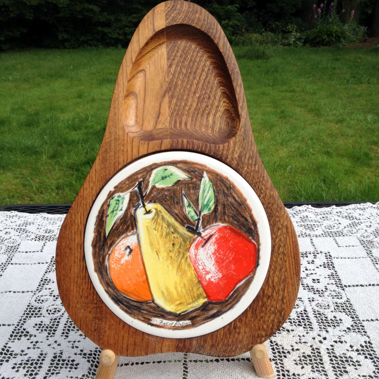 Vintage Fred Press Cheese Board With Tile Handcarved Sere Wood Pear ...