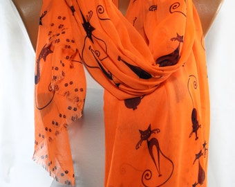 Cat Scarf Meow Scarf Halloween Scarf Neon Orange Scarf Navy Scarf ...