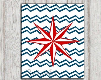 Nautical star printable Red star print Navy blue chevron Nautical decor ...