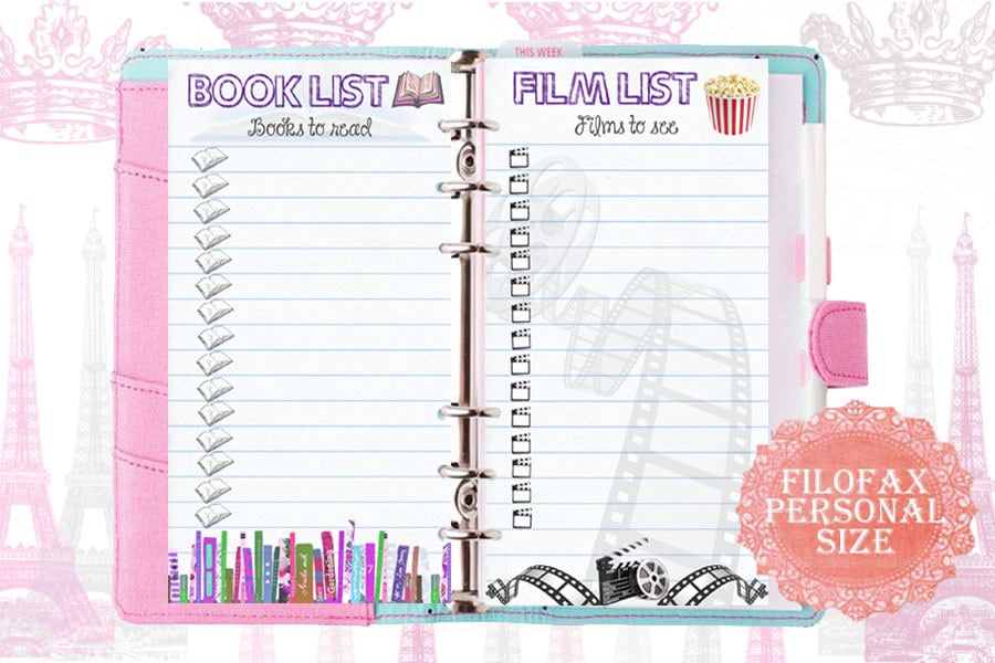 Filofax personal size books and films list 2 insert pages