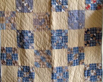 SALE! Vintage Primitive Quilt 60 x 75 Blue Tan Block Cottage Chic ...