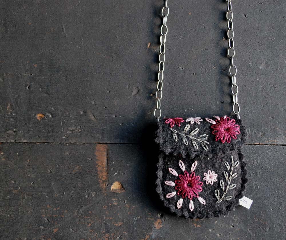 For Holding Your Secret Message – Pouch Necklace Hand Embroidered Black ...