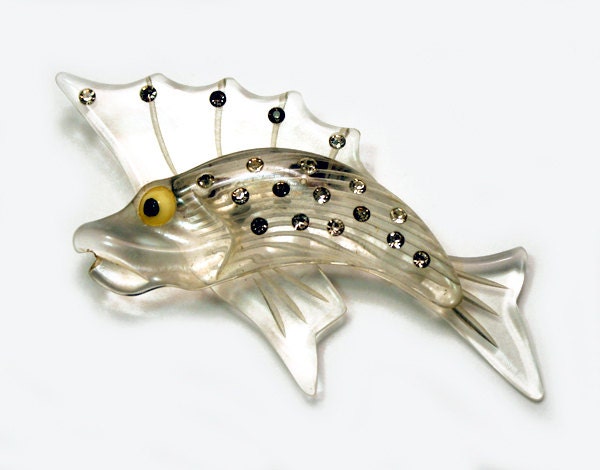 Lucite Fish Brooch Clear Plastic w/ Rhinestones Enamel Carved Sailfish ...