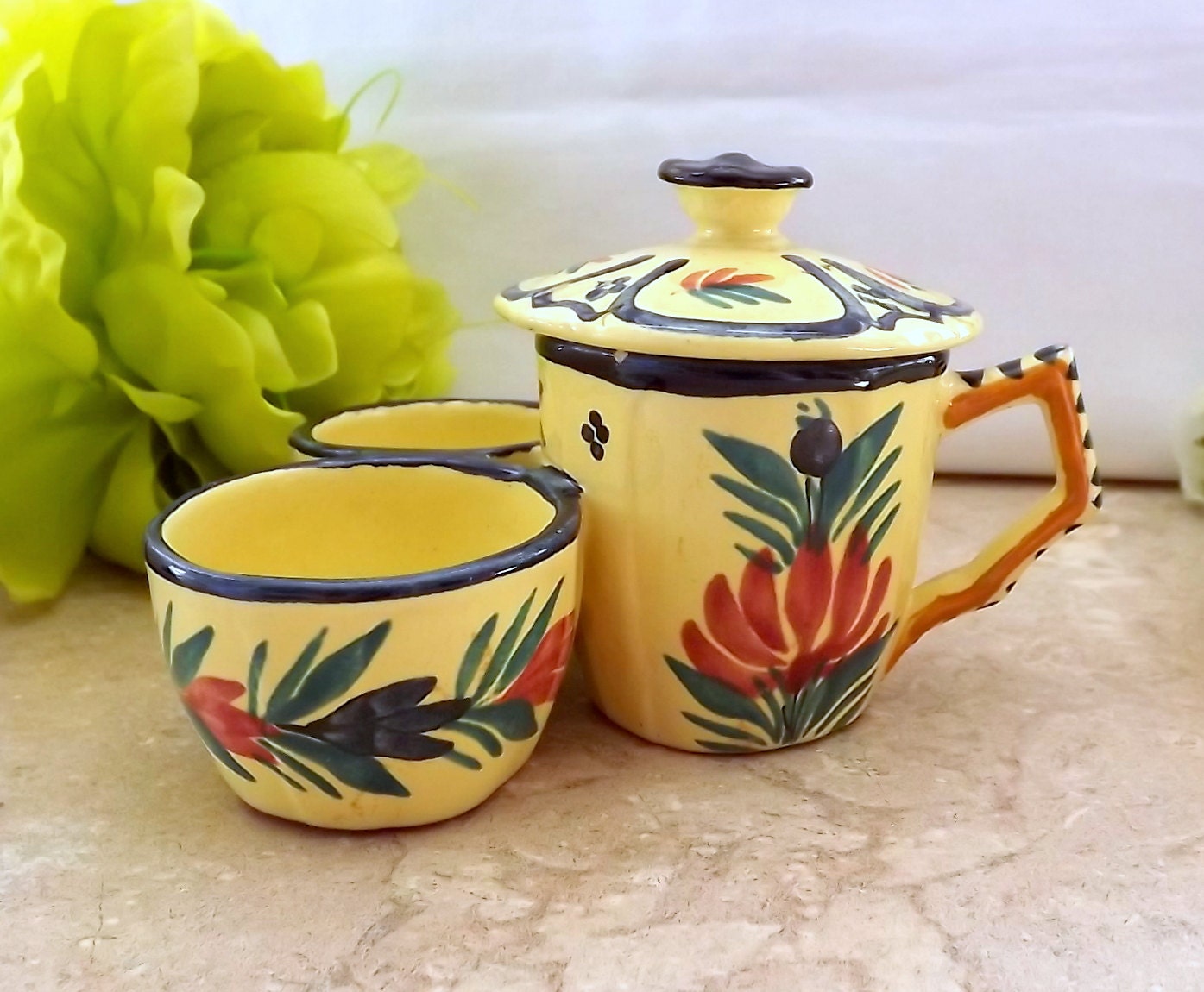 Quimper pottery cruet – mustard pot and salt – Haute Juice