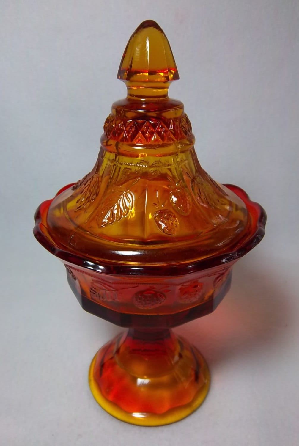 Rare Amberina Colored Glass Container with Lid by DayJahView