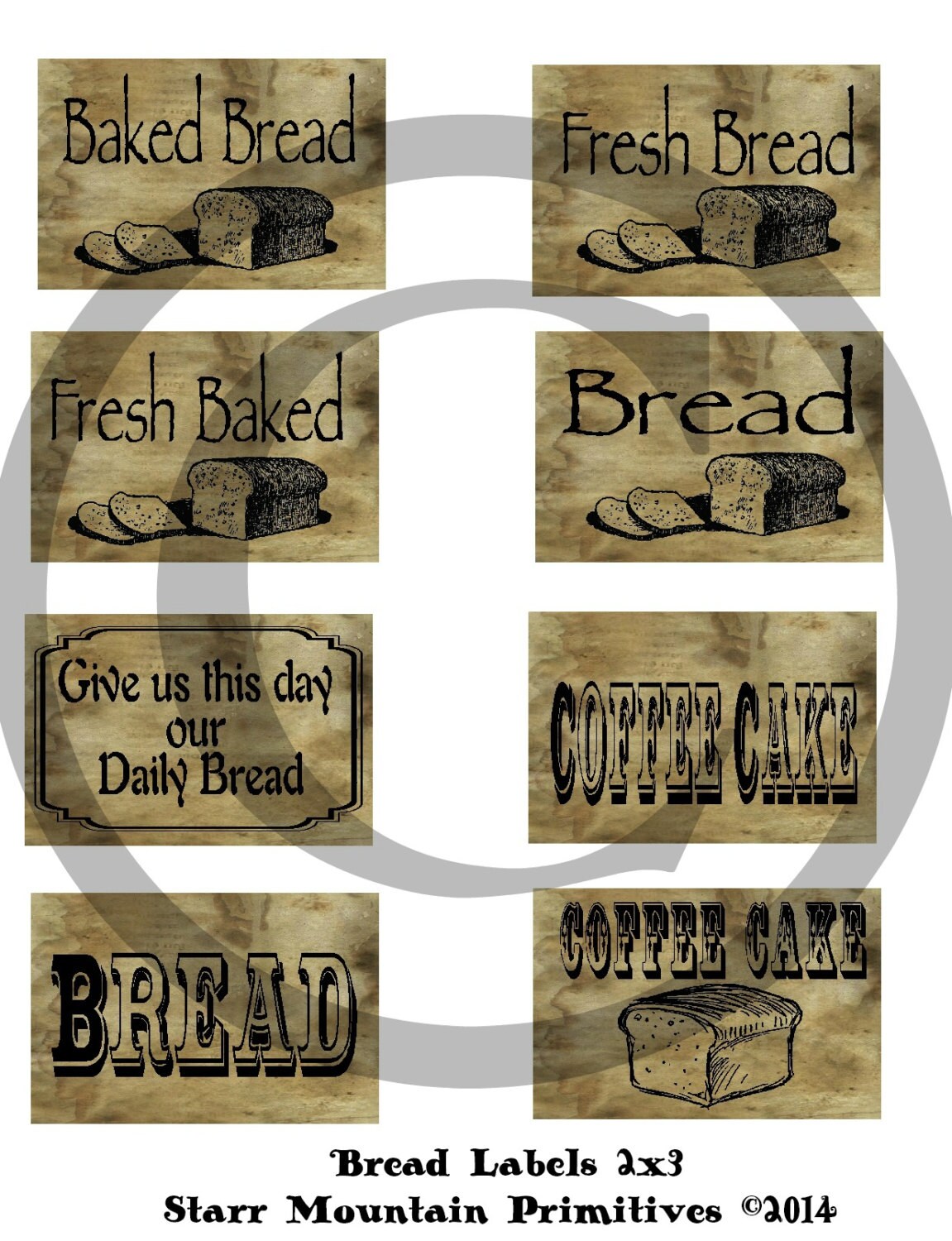 Primitive Bread Labels Coffee Cake Printable Jpeg Digital Loaf