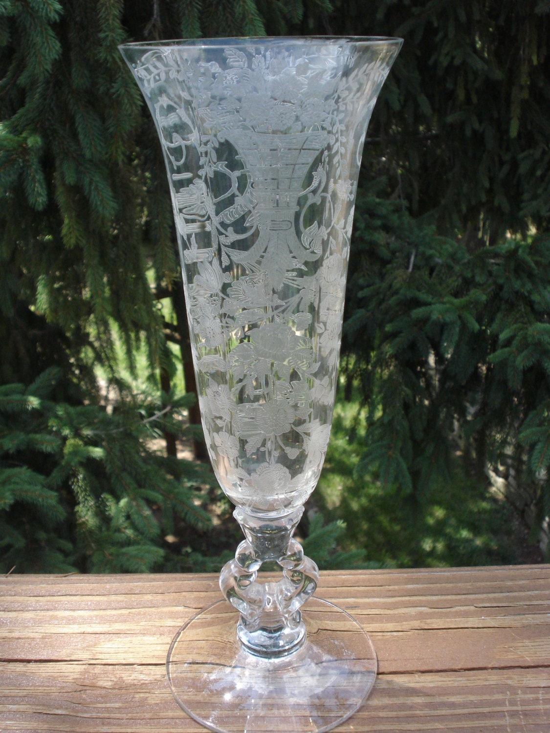 Vintage Elegant Etched Glass Vase Classic Fine Floral