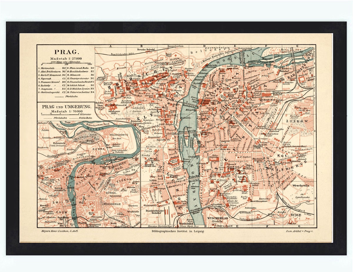 Old Map of Prague 1894 Czech Republic by OldCityPrints on Etsy