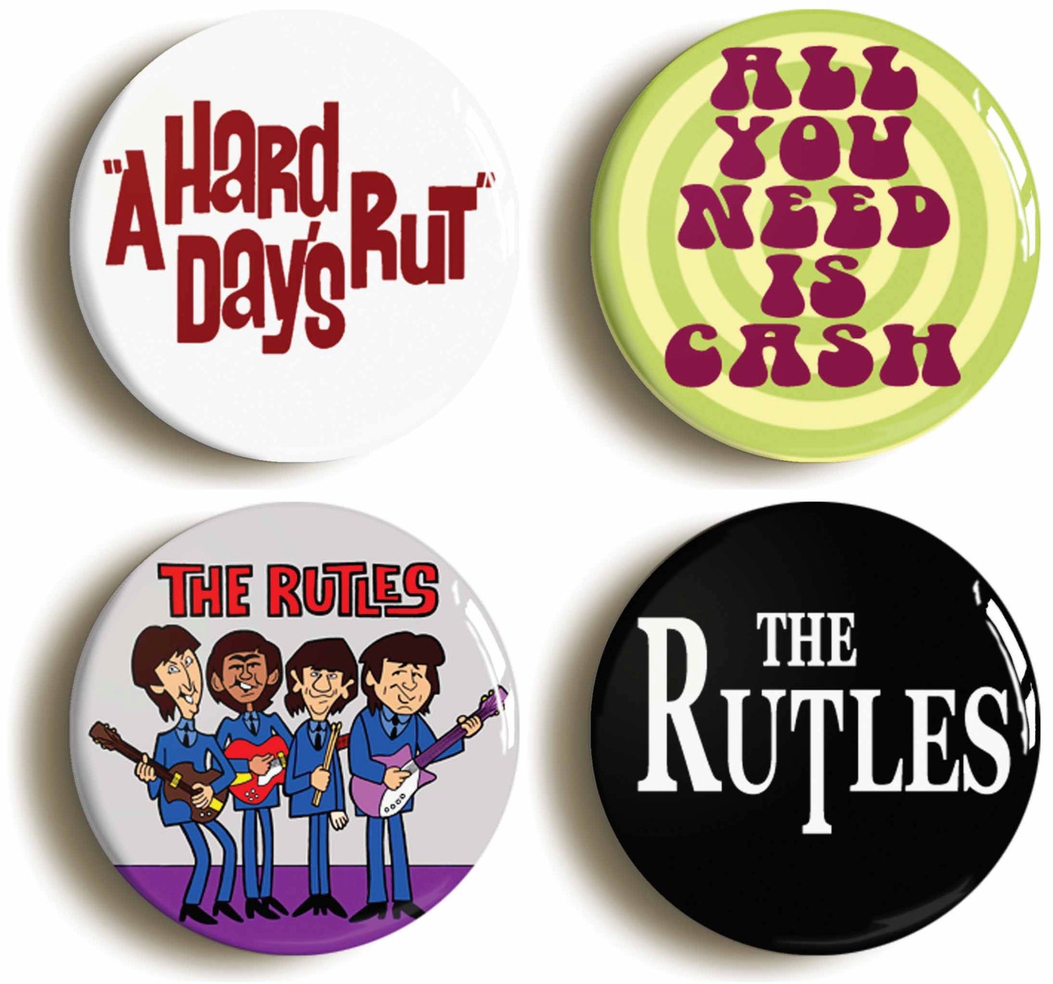 Set of four The Rutles badges buttons pins: Neil Innes Eric Idle ...