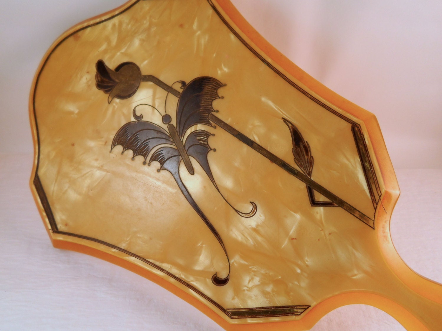 Vintage Art Deco Butterfly Hand Mirror Amber and Marbleized Celluloid ...