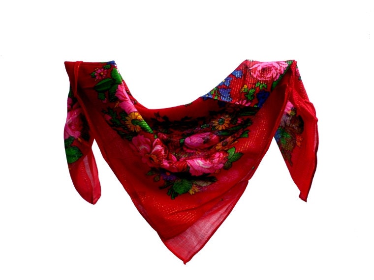 Little russian shawl / Russian scarf / Red with gold