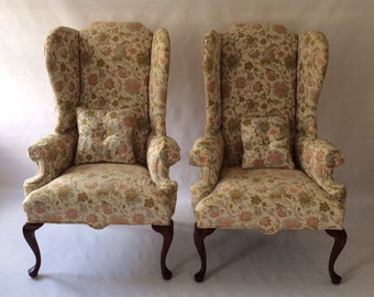 Vintage Pair Of Fancy Harden Cherry Wing Back Chairs Queen Ann OverSized
