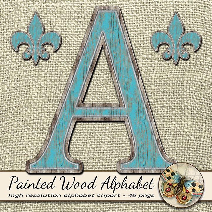 Wood Digital Alphabet Shabby Chic Alphabet Clipart Crackled