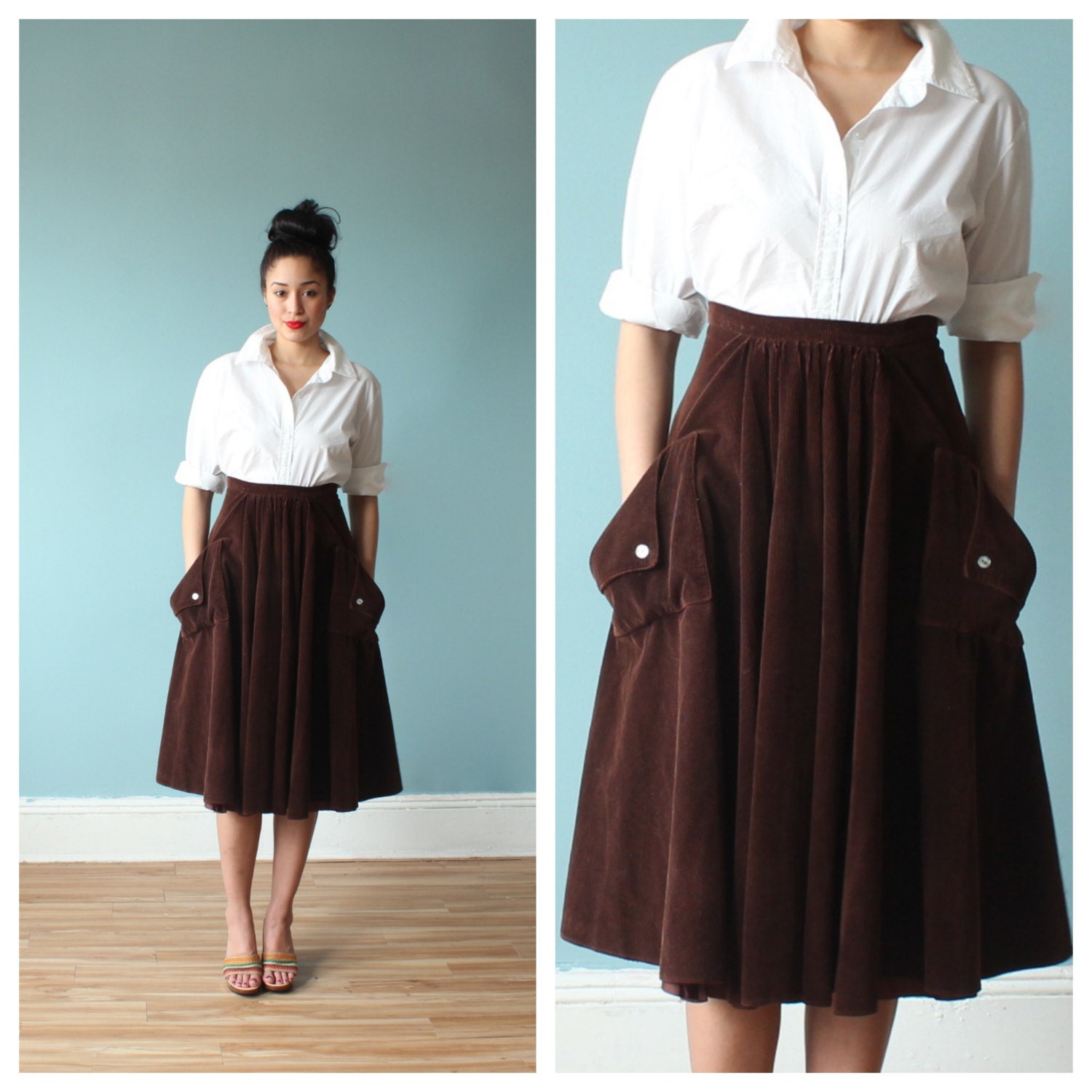 chocolate brown corduroy midi skirt/ high waisted full skirt/